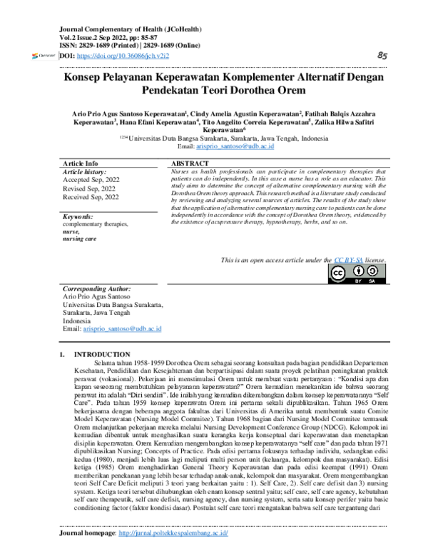 (PDF) Konsep Pelayanan Keperawatan Komplementer Alternatif Dengan Pendekatan Teori Dorothea Orem