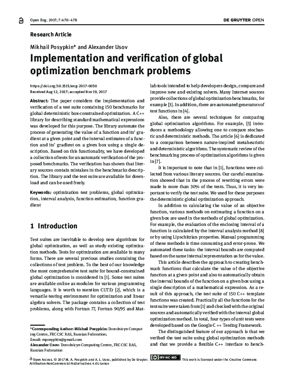 (PDF) Implementation and verification of global optimization benchmark problems