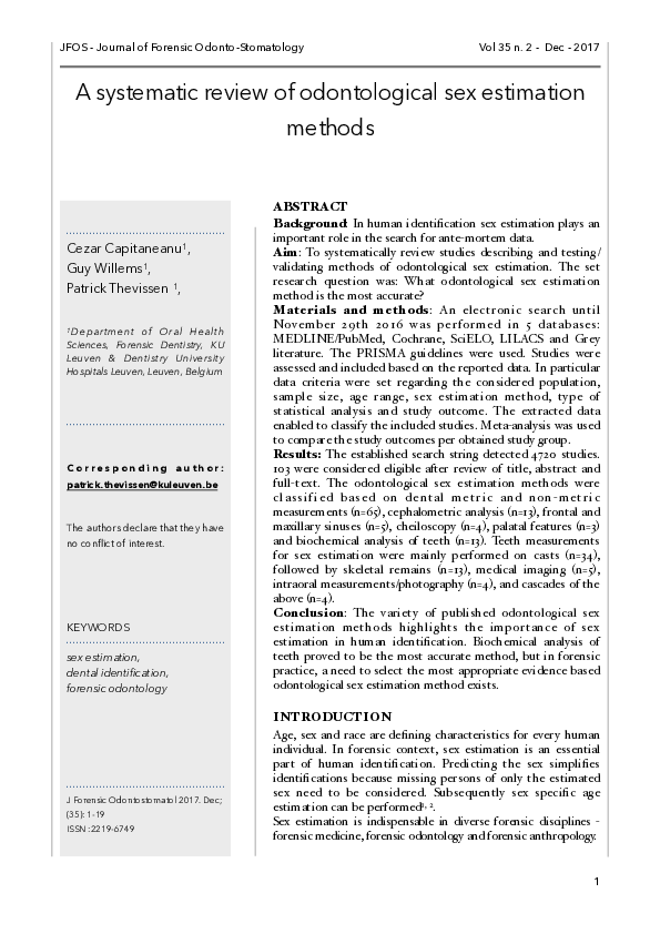 Pdf A Systematic Review Of Odontological Sex Estimation Methods