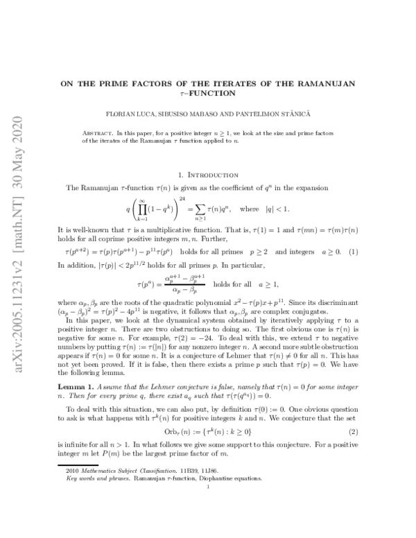 (PDF) On the prime factors of the iterates of the Ramanujan $\tau ...