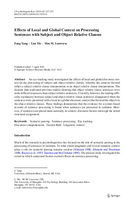 (PDF) Effects of Local and Global Context on Processing Sentences with ...