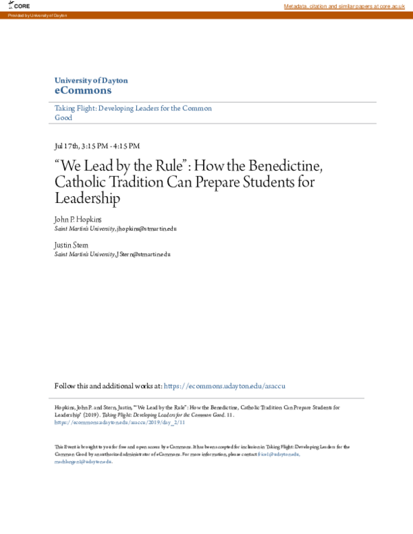 (PDF) “We Lead by the Rule”: How the Benedictine, Catholic Tradition ...