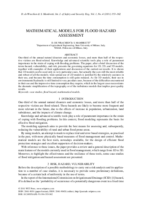 (PDF) Mathematical models for flood hazard assessment