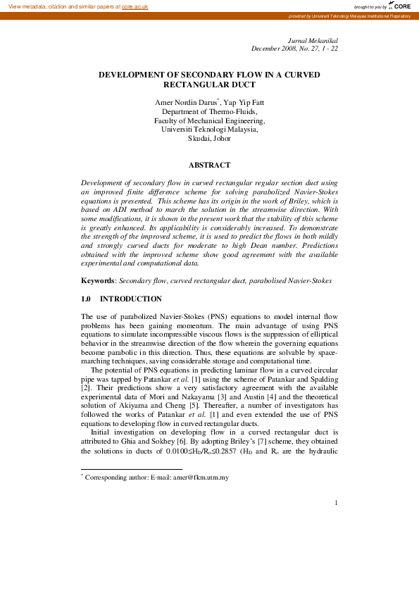 (PDF) Development of secondary flow in a curved rectangular duct