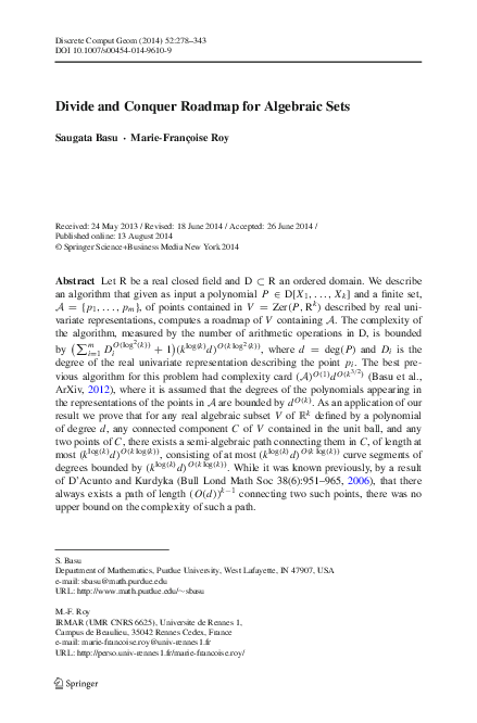 (PDF) Divide and Conquer Roadmap for Algebraic Sets