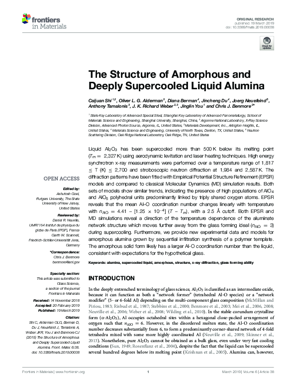 (PDF) The Structure of Amorphous and Deeply Supercooled Liquid Alumina