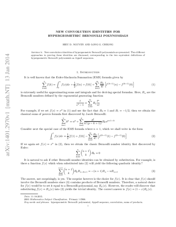 (PDF) New convolution identities for hypergeometric Bernoulli polynomials