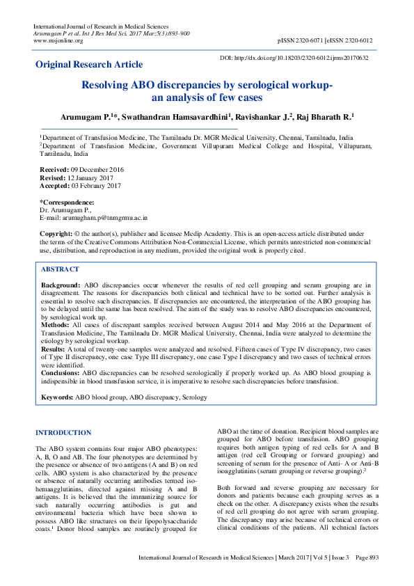 (PDF) Resolving ABO discrepancies by serological workup-an analysis of ...