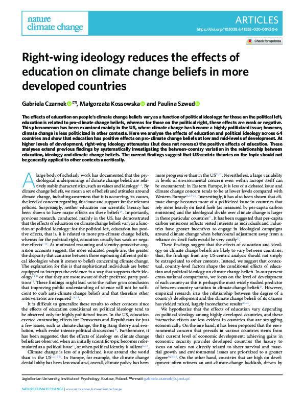 (PDF) Right-wing ideology reduces the effects of education on climate ...
