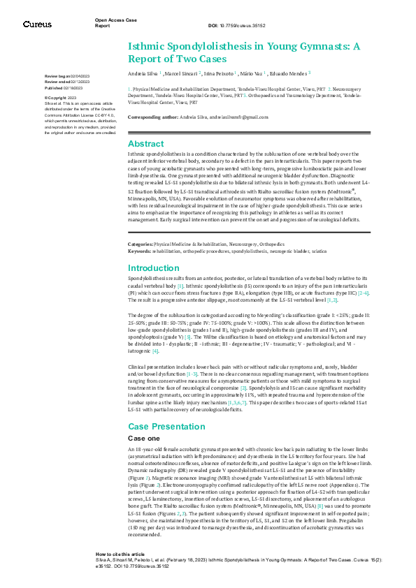 (PDF) Isthmic Spondylolisthesis in Young Gymnasts: A Report of Two Cases