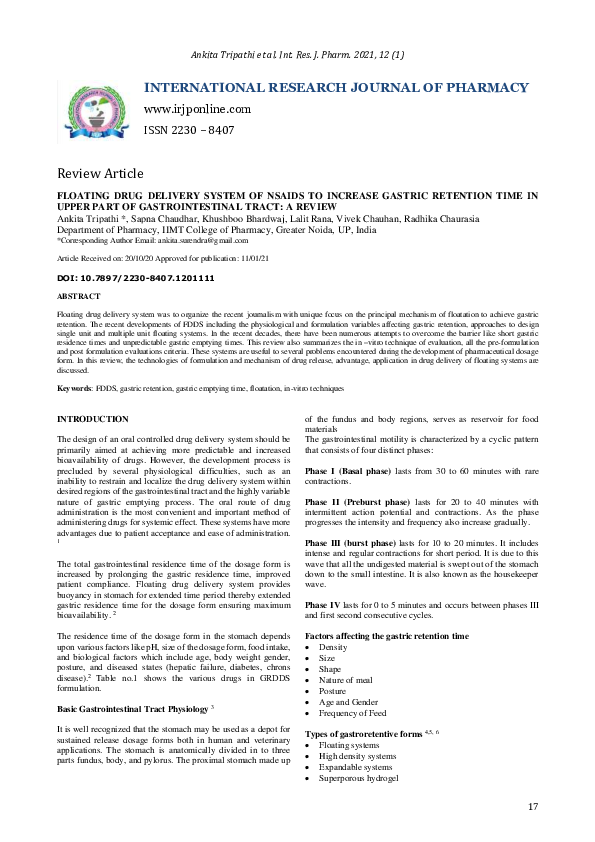 (PDF) Floating Drug Delivery Systems for NSAIDs