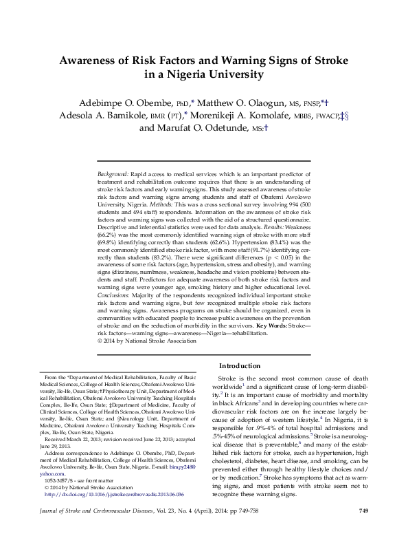 (PDF) Awareness of Risk Factors and Warning Signs of Stroke in a ...