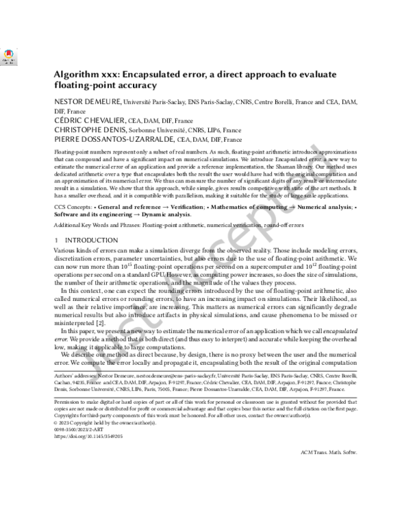 Pdf Algorithm Xxx Encapsulated Error A Direct Approach To Evaluate Floating Point Accuracy