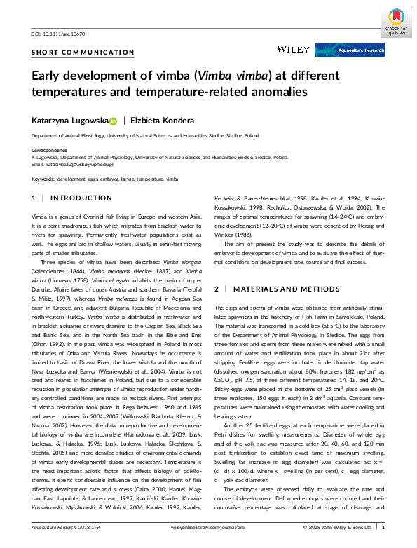 (PDF) Early development of vimba (Vimba vimba) at different temperatures and temperature-related ...