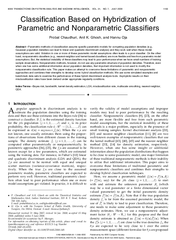 (PDF) Classification Based on Hybridization of Parametric and Nonparametric Classifiers