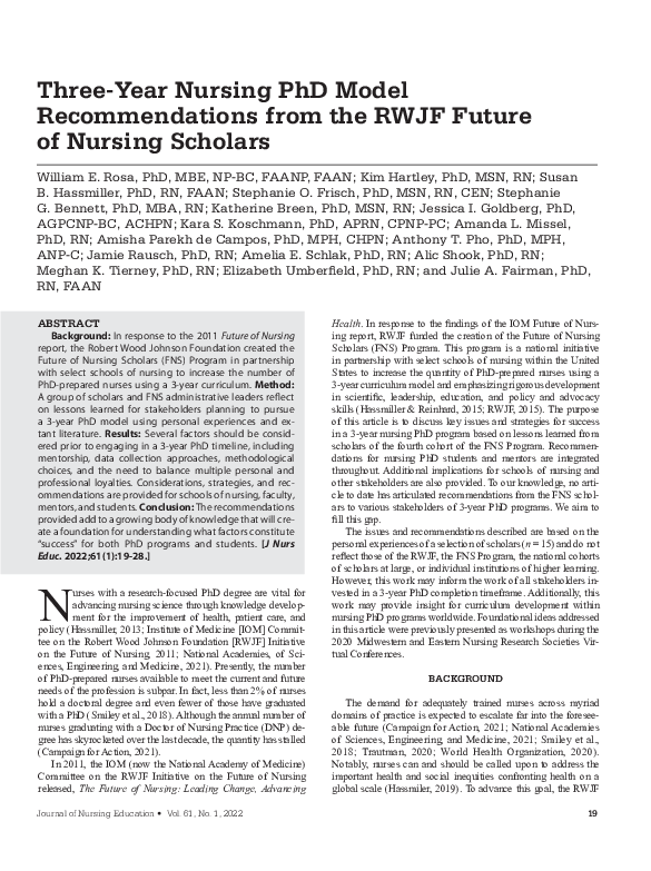 (PDF) Three-Year Nursing PhD Model Recommendations from the RWJF Future of Nursing Scholars