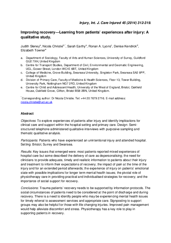 (PDF) Improving recovery—Learning from patients’ experiences after ...