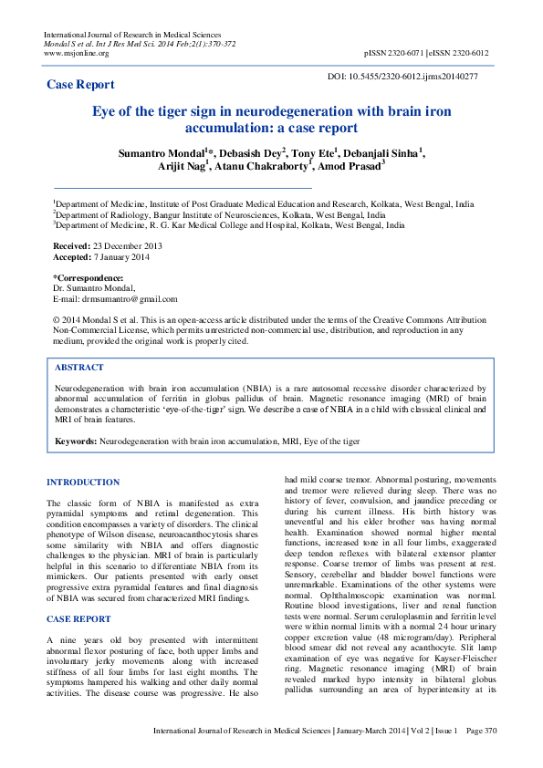 (PDF) Eye of the tiger sign in neurodegeneration with brain iron ...