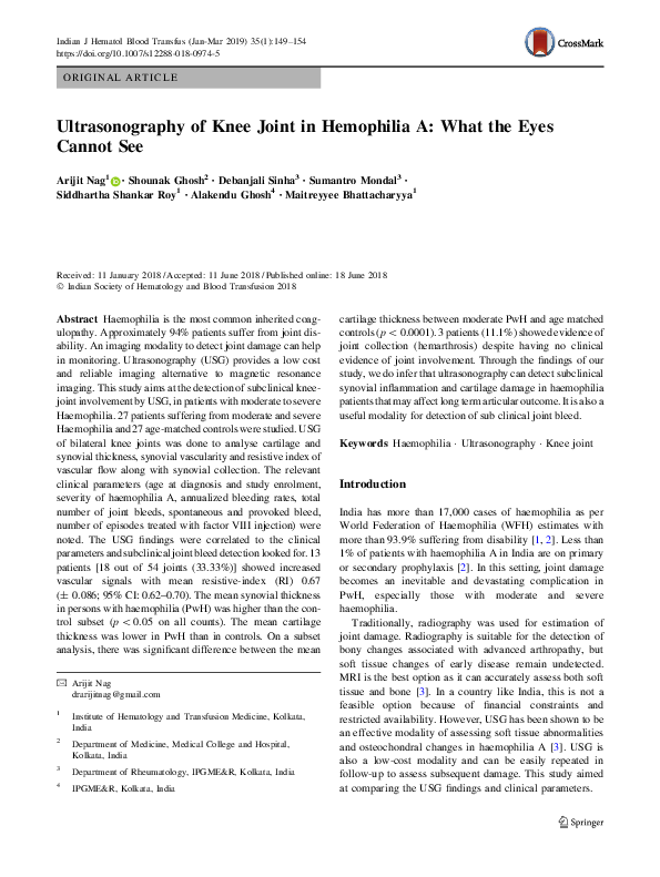 (PDF) Ultrasonography of Knee Joint in Hemophilia A: What the Eyes ...