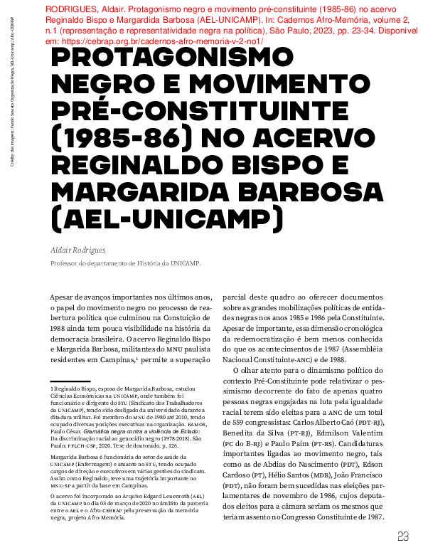 (PDF) PROTAGONISMO NEGRO E MOVIMENTO PRÉ-CONSTITUINTE (1985-86) NO ...