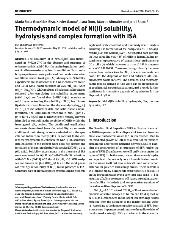 (PDF) Thermodynamic model of Ni(II) solubility, hydrolysis and complex formation with ISA