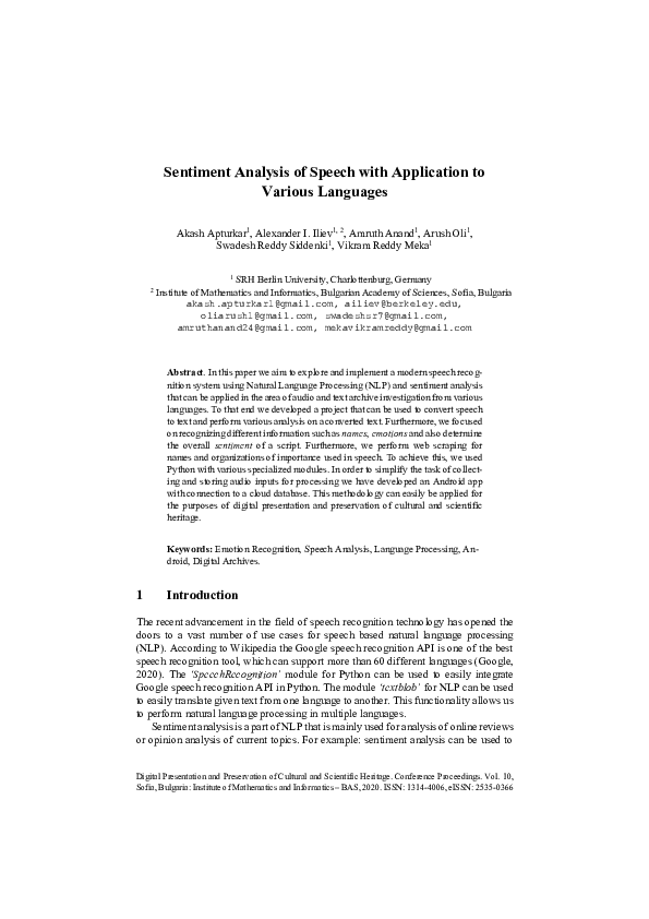 (PDF) Sentiment Analysis of Speech with Application to Various Languages