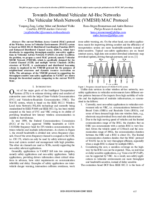 (PDF) Towards Broadband Vehicular Ad-Hoc Networks - The Vehicular Mesh Network (VMESH) MAC Protocol