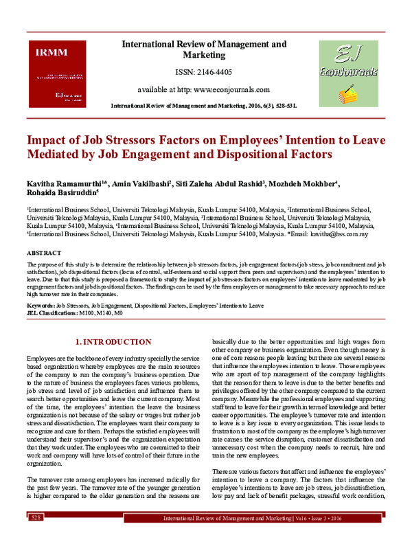 (PDF) Impact of Job Stressors Factors on Employees’ Intention to Leave Mediated by Job ...