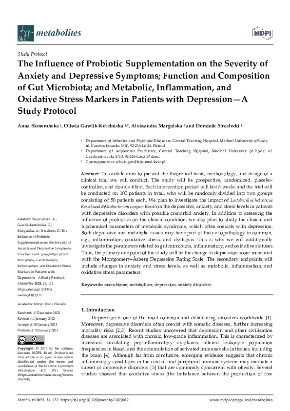(PDF) The Influence of Probiotic Supplementation on the Severity of Anxiety and Depressive ...
