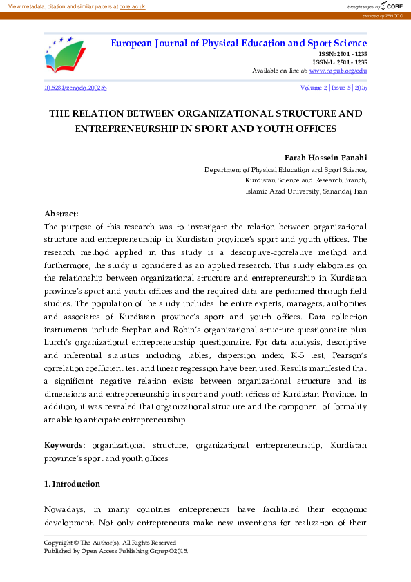 (PDF) The Relation Between Organizational Structure And Entrepreneurship In Sport And Youth Offices