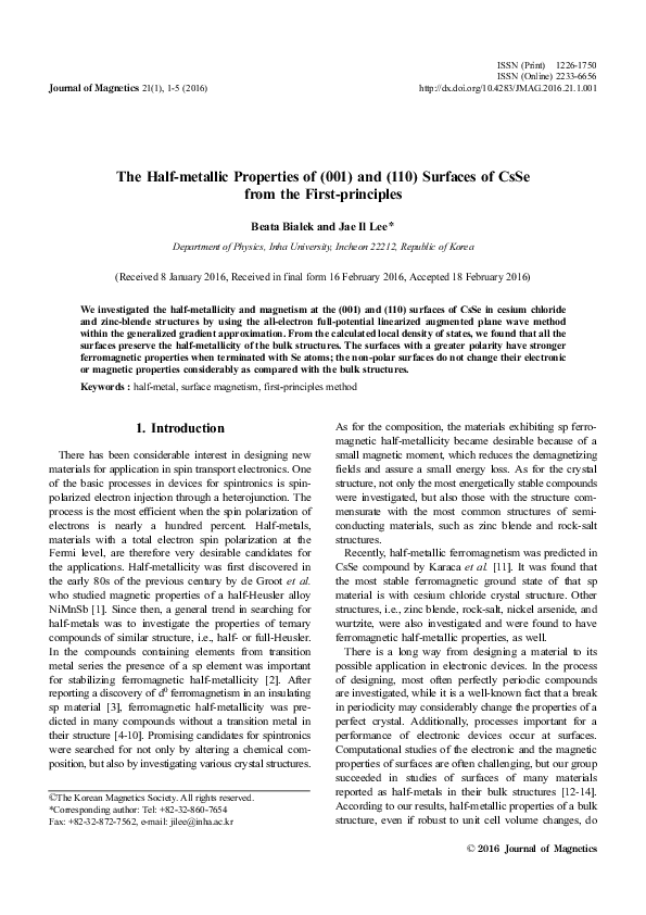 (PDF) The Half-metallic Properties of (001) and (110) Surfaces of CsSe ...