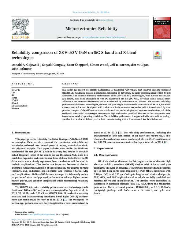 (PDF) Reliability comparison of 28 V–50 V GaN-on-SiC S-band and X-band technologies