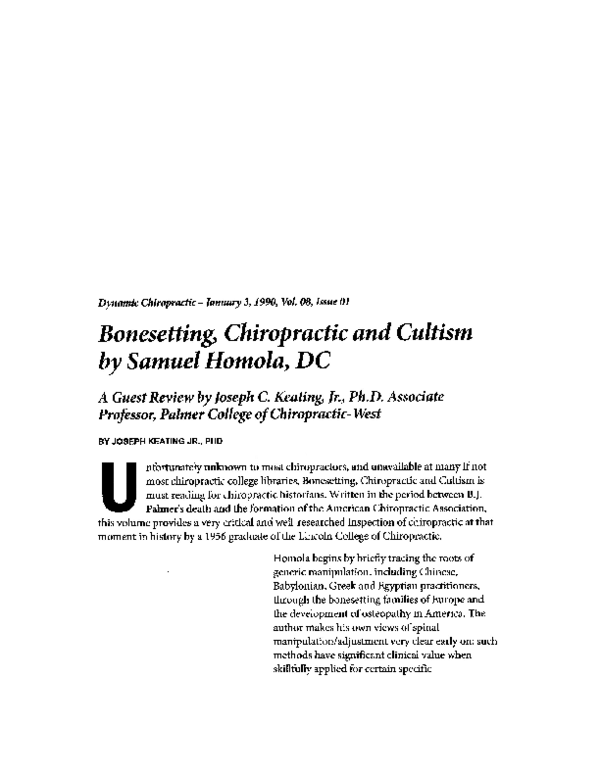 (DOC) Bonesetting, Chiropractic and Cultism by Samuel Homola
