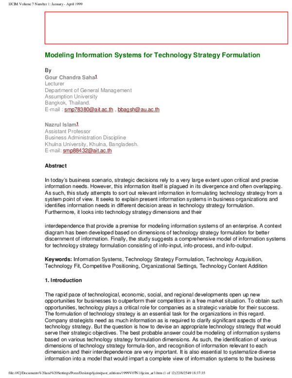 (PDF) Modeling Information Systems for Technology Strategy Formulation