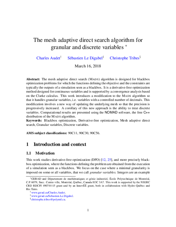 Pdf The Mesh Adaptive Direct Search Algorithm For Granular And Discrete Variables