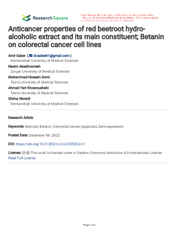 (PDF) Anticancer properties of red beetroot hydro-alcoholic extract and ...