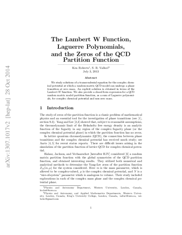 (PDF) The Lambert W Function, Laguerre Polynomials, and the Zeros of the QCD Partition Function