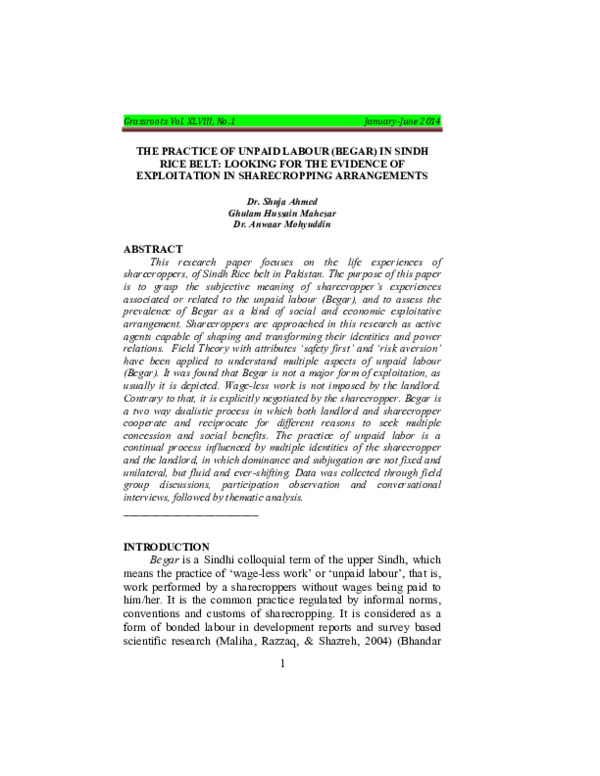 (PDF) The Practice of Unpaid Labour (Begar) in Sindh Rice Belt ...