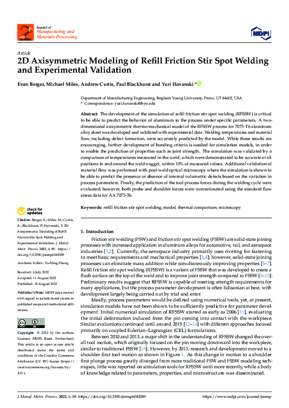 (PDF) 2D Axisymmetric Modeling of Refill Friction Stir Spot Welding and ...