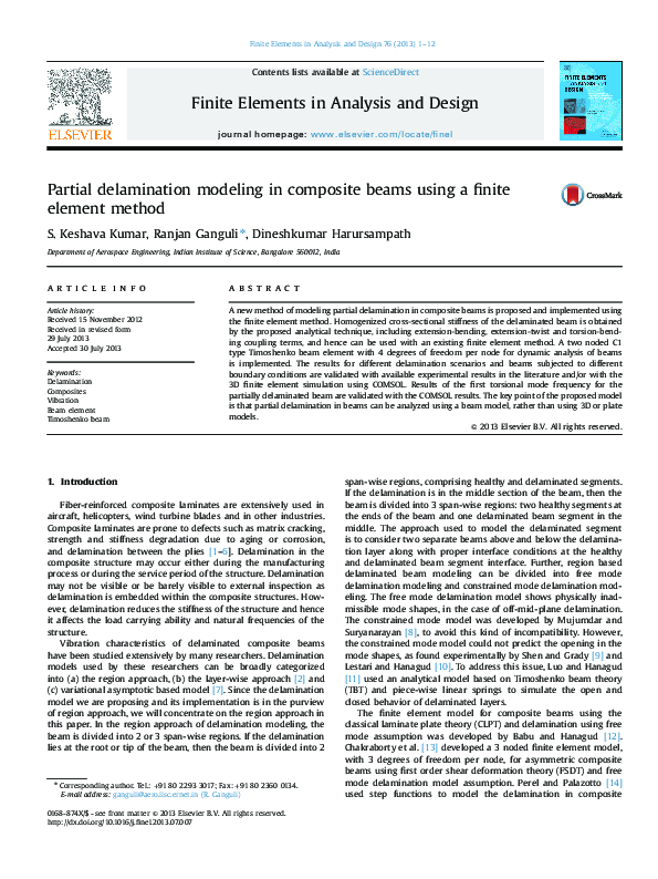 Pdf Partial Delamination Modeling In Composite Beams Using A Finite Element Method