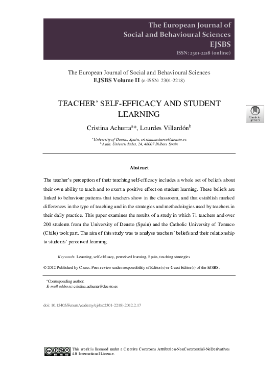 (PDF) Teacher’ Self-Efficacy And Student Learning