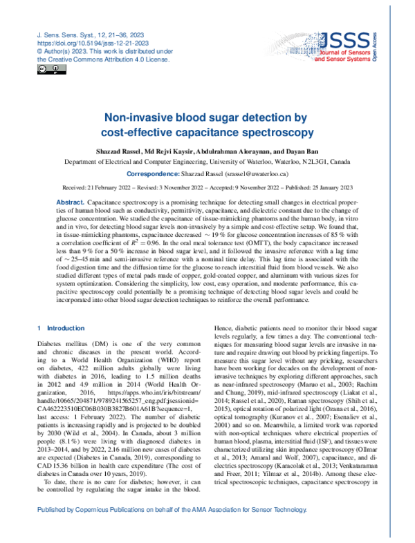 (PDF) Non-invasive blood sugar detection by cost-effective capacitance spectroscopy