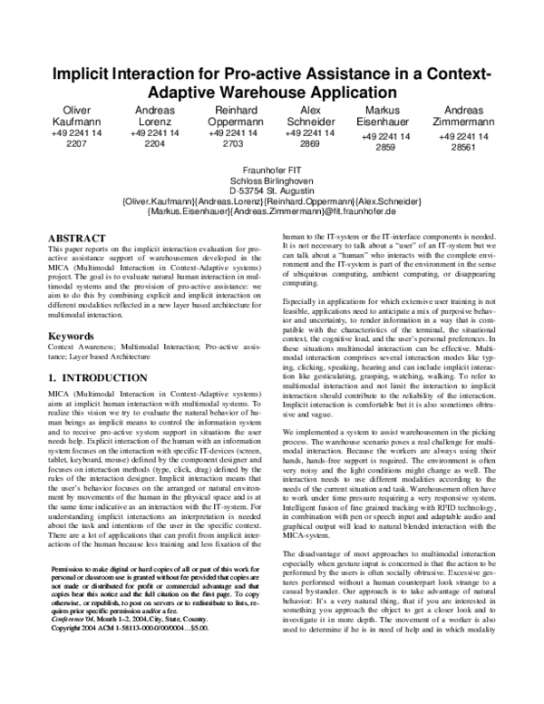(PDF) Implicit interaction for pro-active assistance in a context-adaptive warehouse application