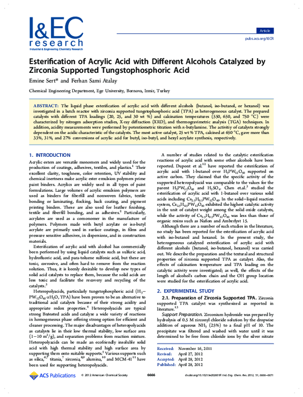 (PDF) Esterification of Acrylic Acid with Different Alcohols Catalyzed by Zirconia Supported ...
