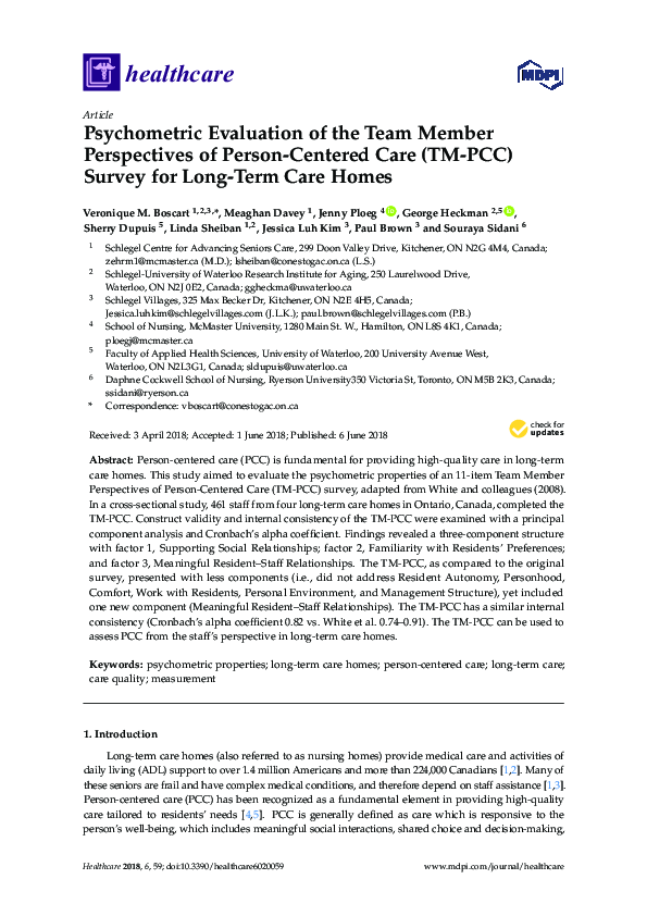 (PDF) Psychometric Evaluation of the Team Member Perspectives of Person-Centered Care (TM-PCC ...
