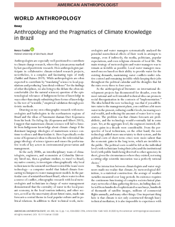 (PDF) Anthropology and the Pragmatics of Climate Knowledge in Brazil
