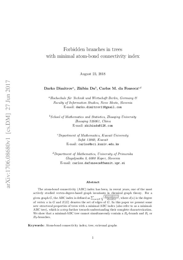(PDF) Forbidden branches in trees with minimal atom-bond connectivity index | Darko Dimitrov ...