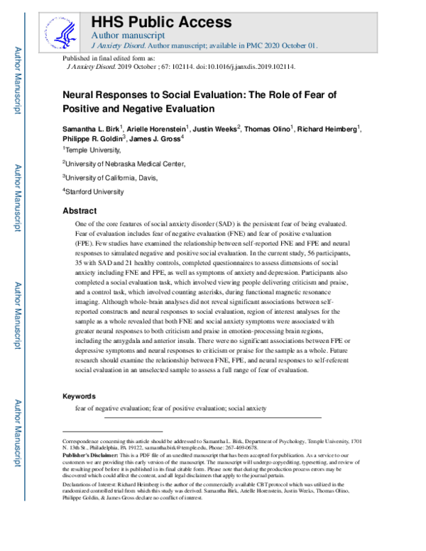 (PDF) Neural responses to social evaluation: The role of fear of ...