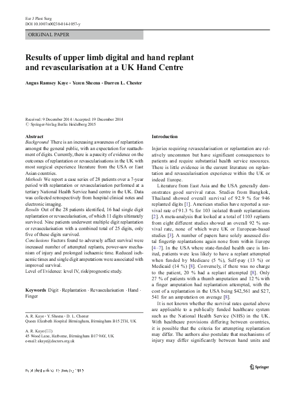 (PDF) Results of upper limb digital and hand replant and revascularisation at a UK Hand Centre
