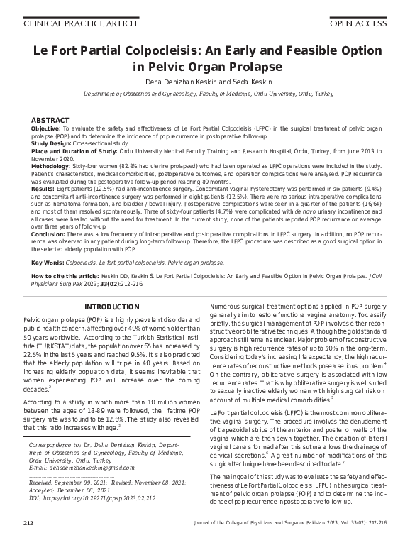 (PDF) Le Fort Partial Colpocleisis: An Early and Feasible Option in ...